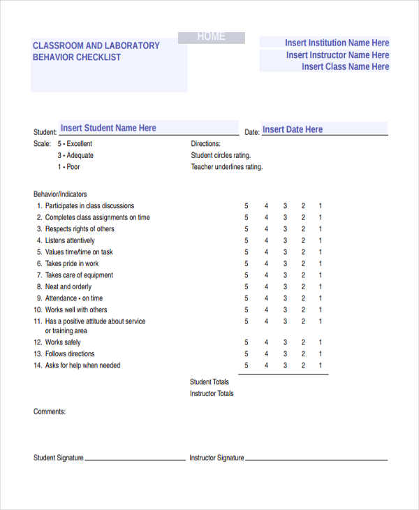 Behavior Checklist Template - 8+ Free Word, PDF Format Download