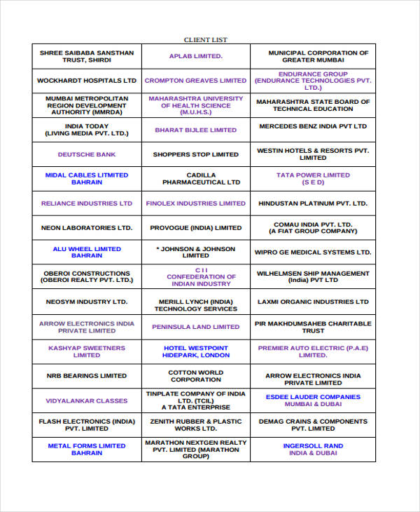 9+ Client List Templates - Free Samples, Examples Format Download