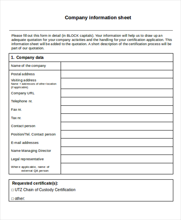 Company Sheet Templates - 18+ Word, PDF Format Download
