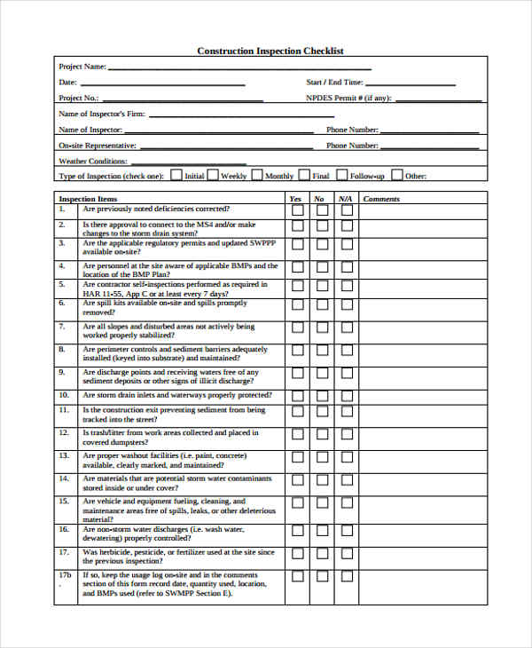 Construction Inspection Checklist Template