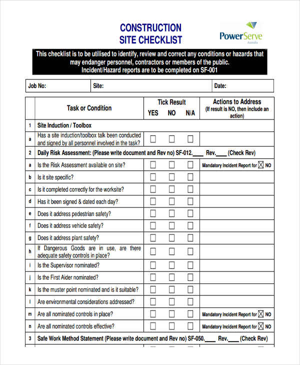 Construction Equipment Checklist Template Construction Equipment Checklist Template