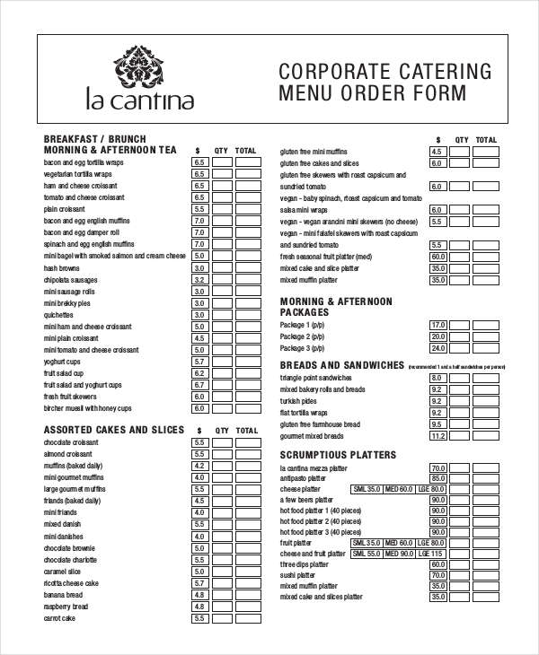 16 Catering Order Forms MS Word Numbers Pages