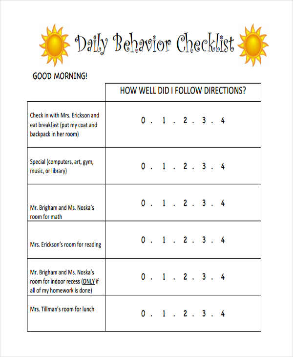Behavior Checklist For Kids
