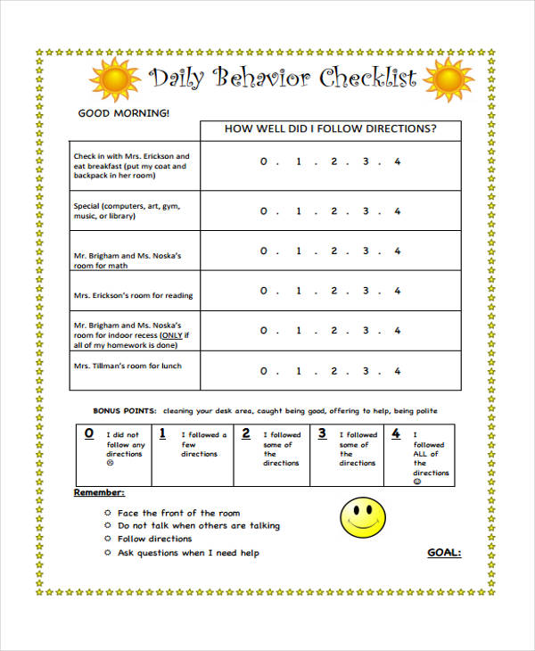 11 Behavior Checklist Templates Free PDF Word Format Download