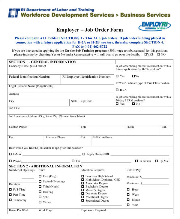 11 Job Order Forms Free Sample Example Format Download