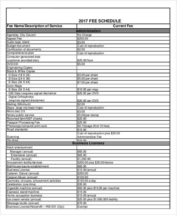 6 Fee Schedule Templates Free Samples Examples Format Download