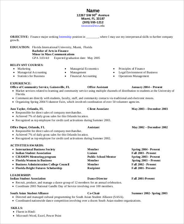 Internship Resume Sle Objective Gambarin us Backup Gambar