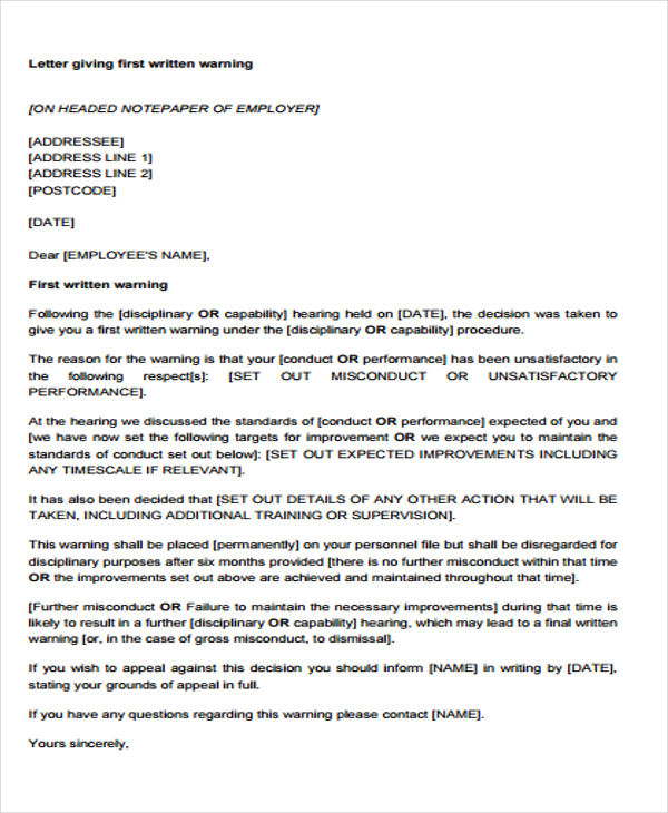 First Warning Letter Templates 10 Free Samples Examples Format Download