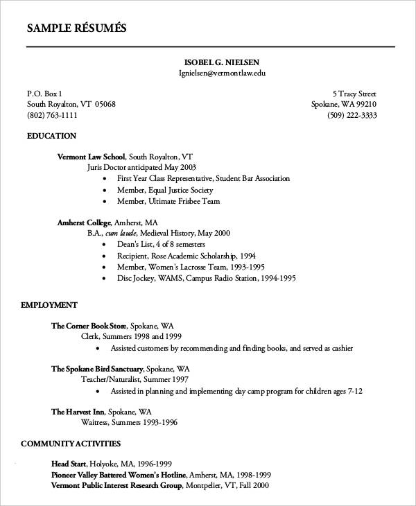Resume Of First Year College Student