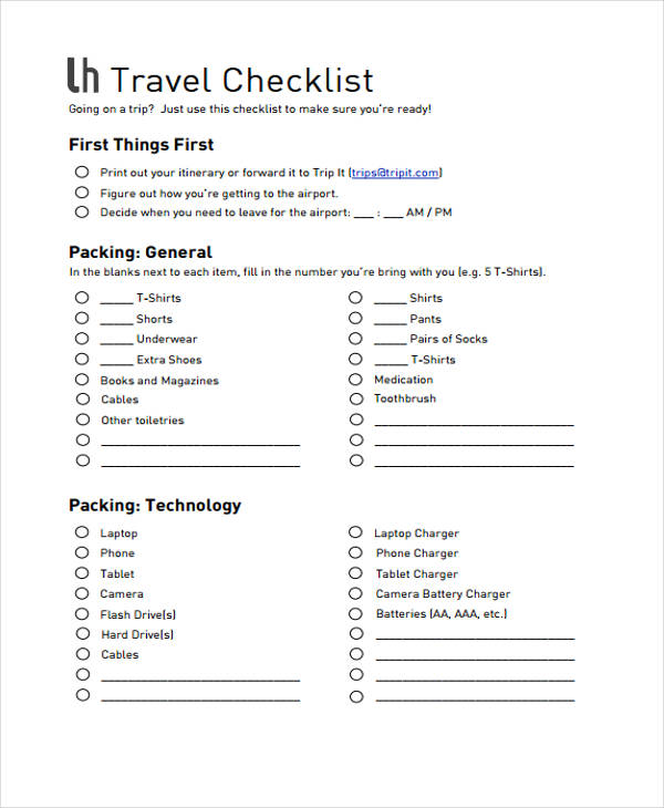 Travel Checklist Template Excel Templates