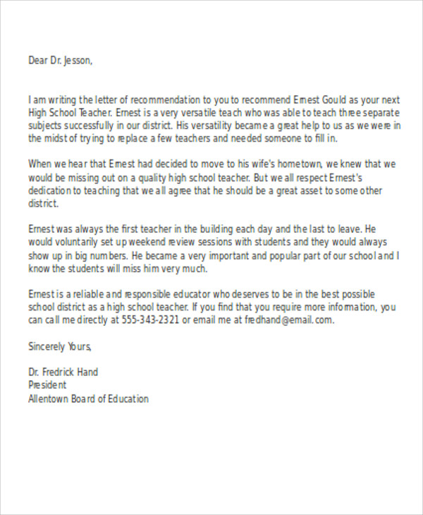 9+ Sample School Reference Letters - Free Samples, Examples Format Download