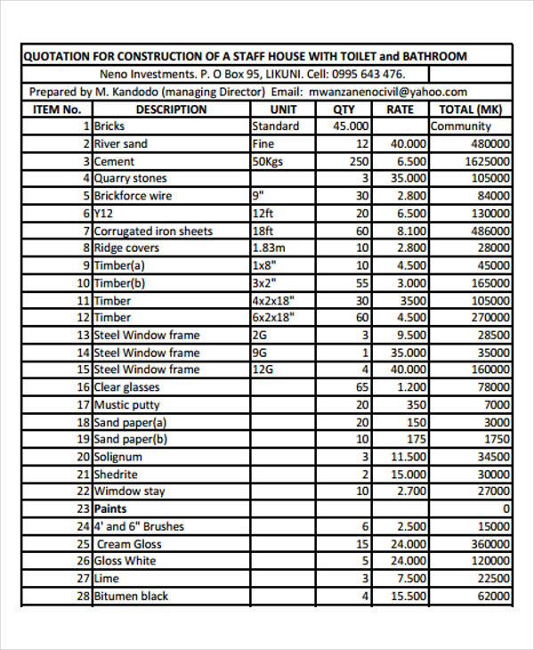 9+ FREE Construction Quotation Templates - PDF, Word, Apple Pages