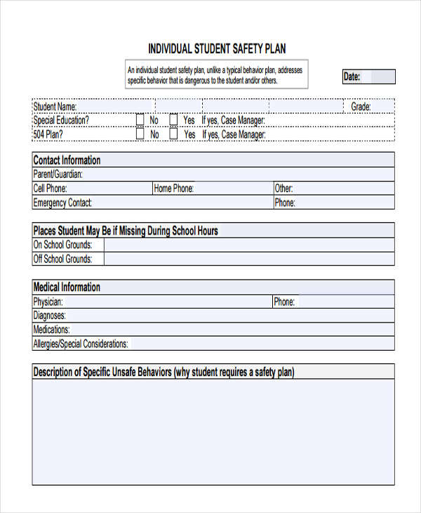 Individual Student Safety Plan Template