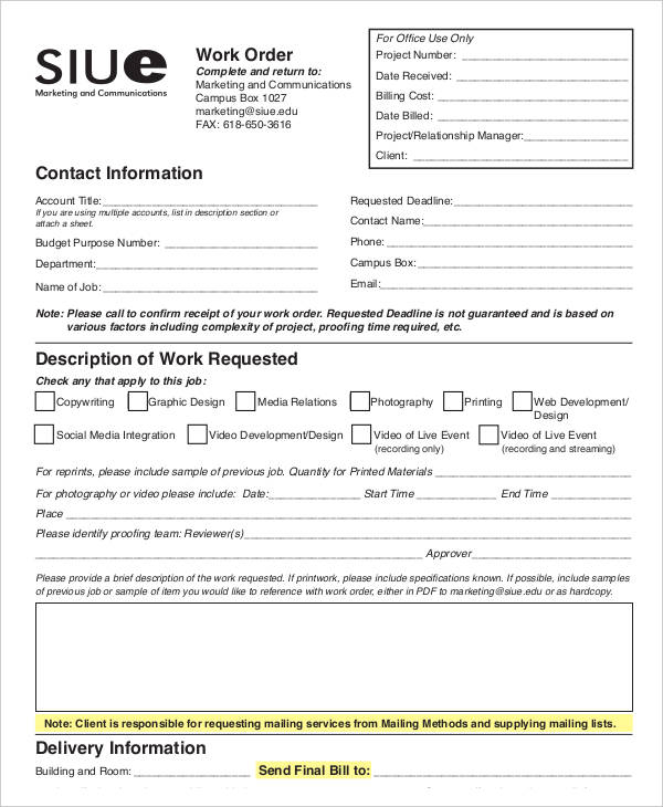 11 Job Order Forms Free Sample Example Format Download