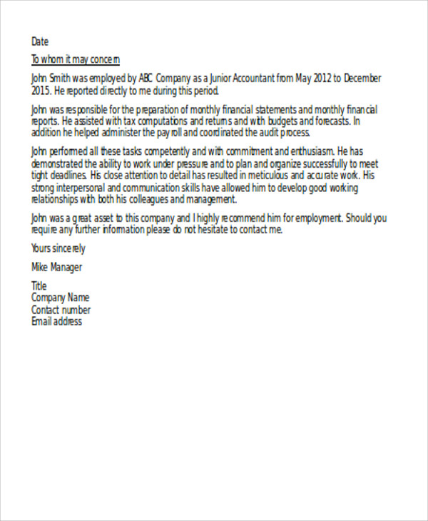11+ Sample Accountant Reference Letters - Free Samples, Examples Format ...