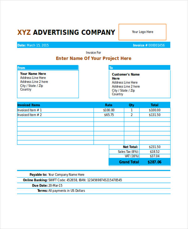 8 Advertising Invoice Templates Free Word PDF Excel Format Download