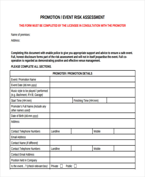 23 Risk Assessment Form Examples