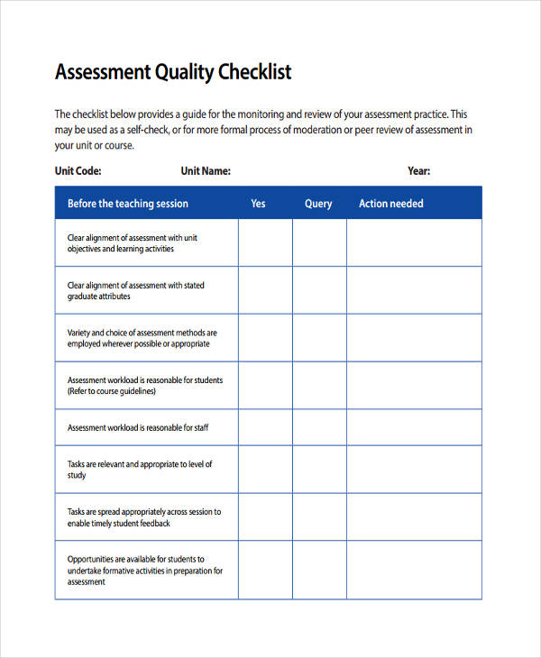 Assessment Checklist Template 11 Free Word PDF Format Download