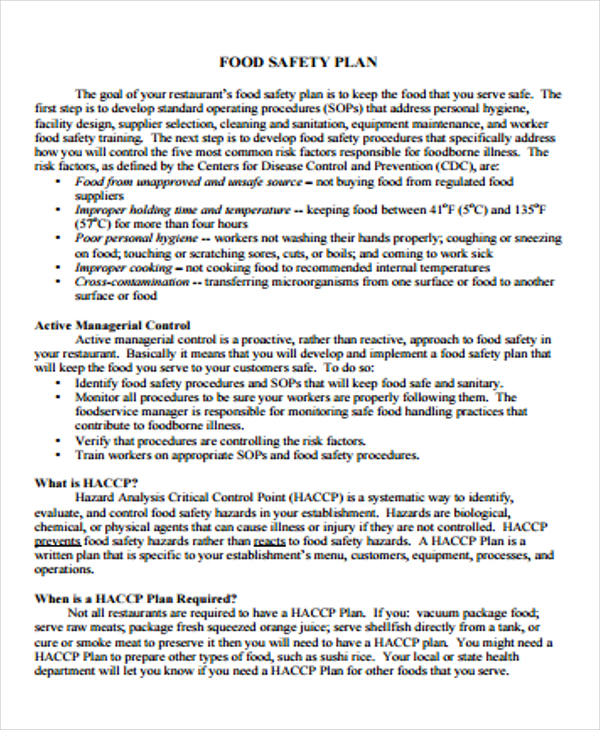 Example Food Safety Plan Example Food Safety Plan