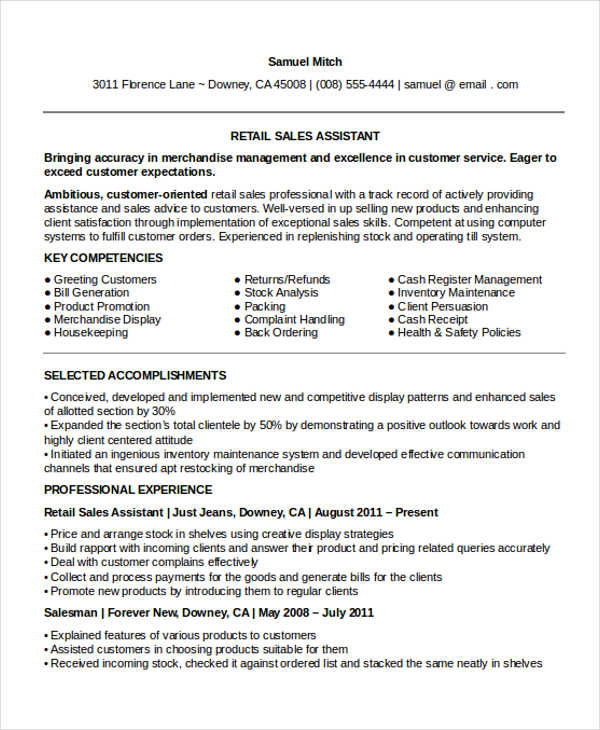 10+ Sample Retail Sales Resume Templates - PDF, DOC