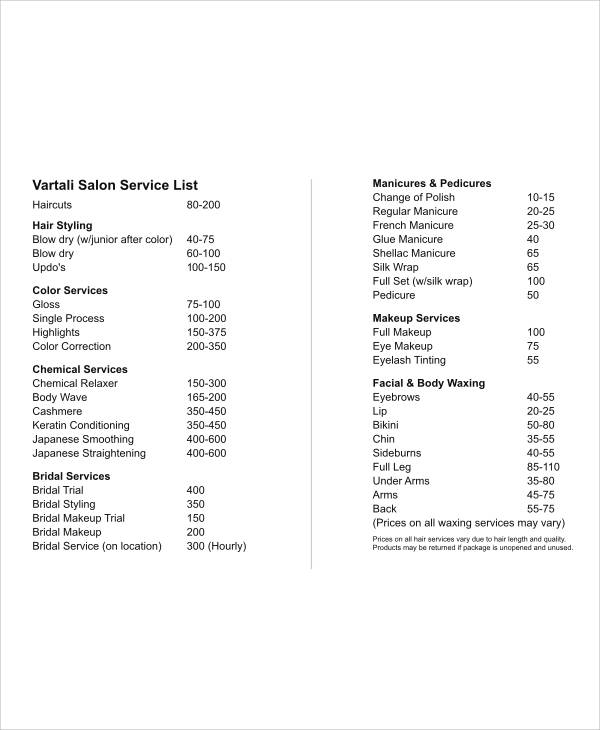 Service List Templates - 6+ Free Samples, Examples Format Download