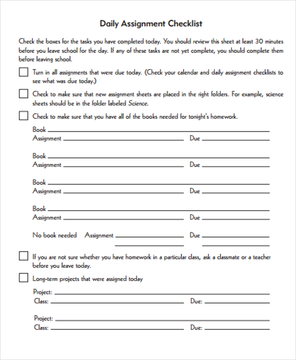 8 Assignment Checklist Templates Free Samples Examples Format Download