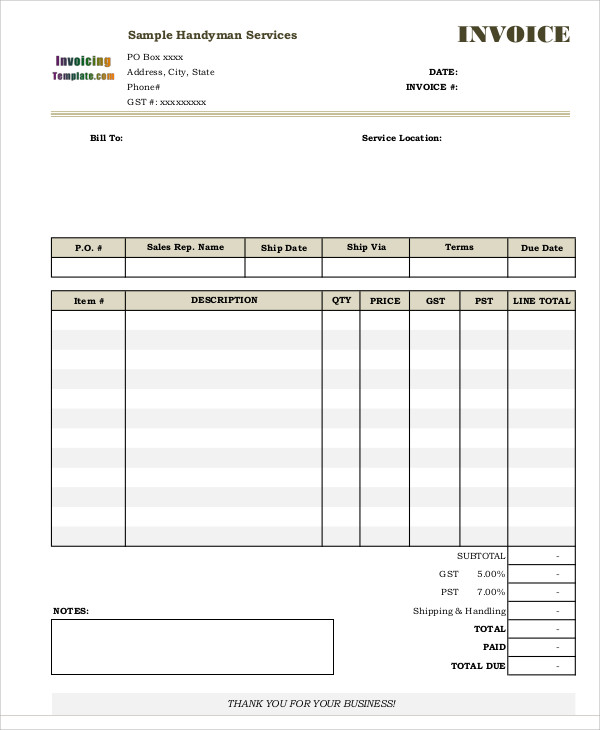 Handyman Invoice Template 5 Free Word PDF Format Download