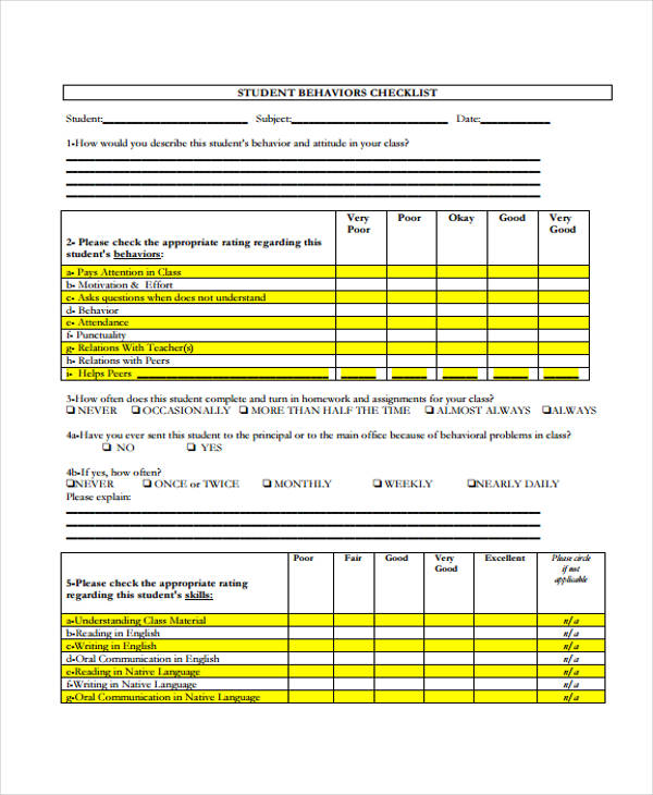 Behaviour Checklist Template HQ Printable Documents