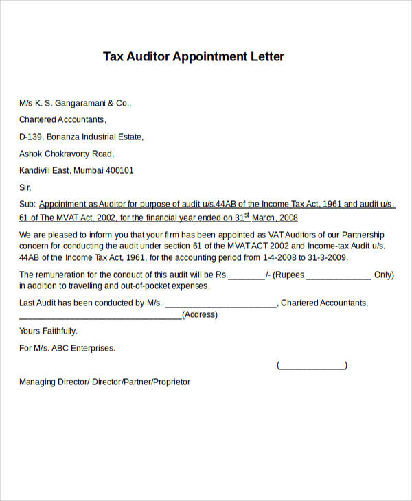Auditor Appointment Letter Templates - 11+ Word, PDF Format Download