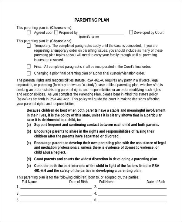 Sample Parallel Parenting Plan Agreement The Document Template
