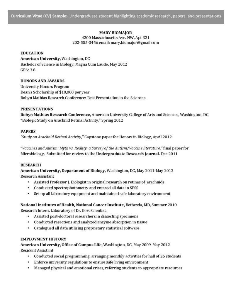 Curriculum Vitae Examples For Students Research Paper A Curriculum Vitae Is A Document 