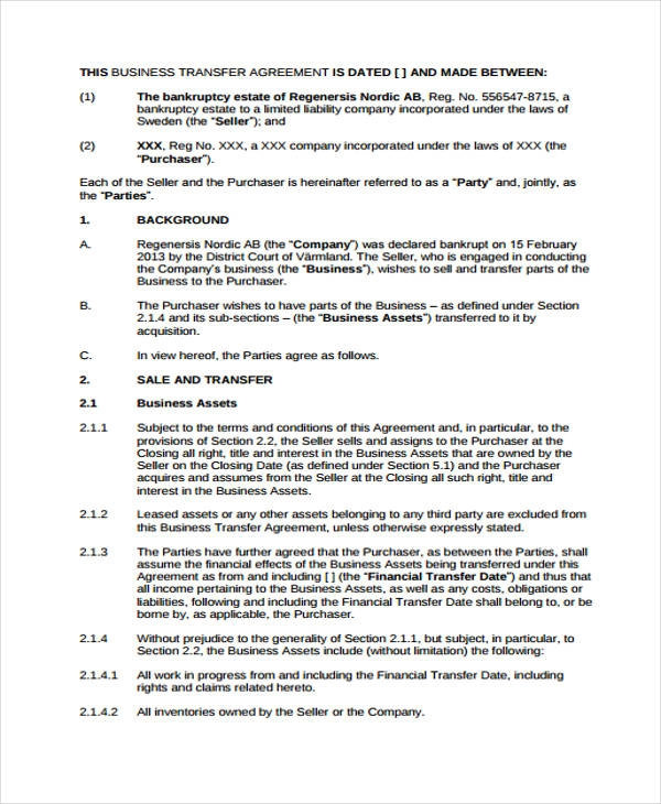 14+ Transfer Agreement Templates - Free Word, PDF, Apple Pages, Google ...