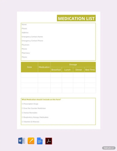 8+ Printable Medication List Templates - Word | Google Docs | Apple ...