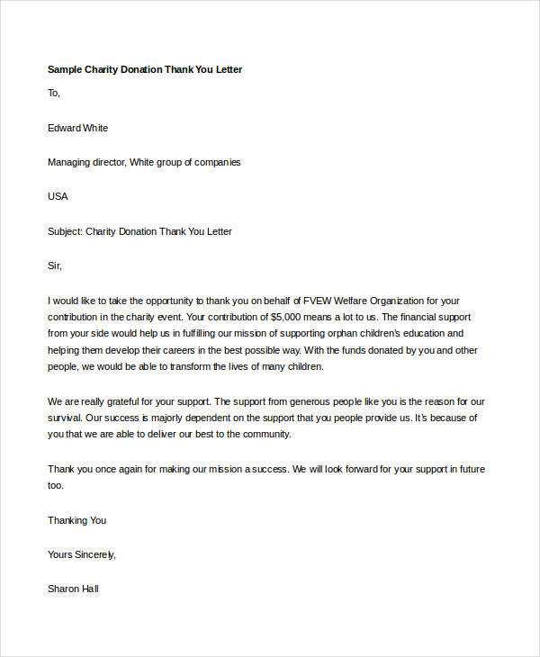 11 Thank You Letter For Donation DOC PDF