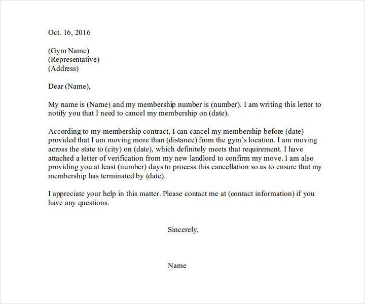 Sample Letter To Cancel Gym Membership Database Letter Template