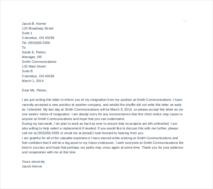 12+ Short Notice Resignation Letters - Free PDF, DOC Format Downloads