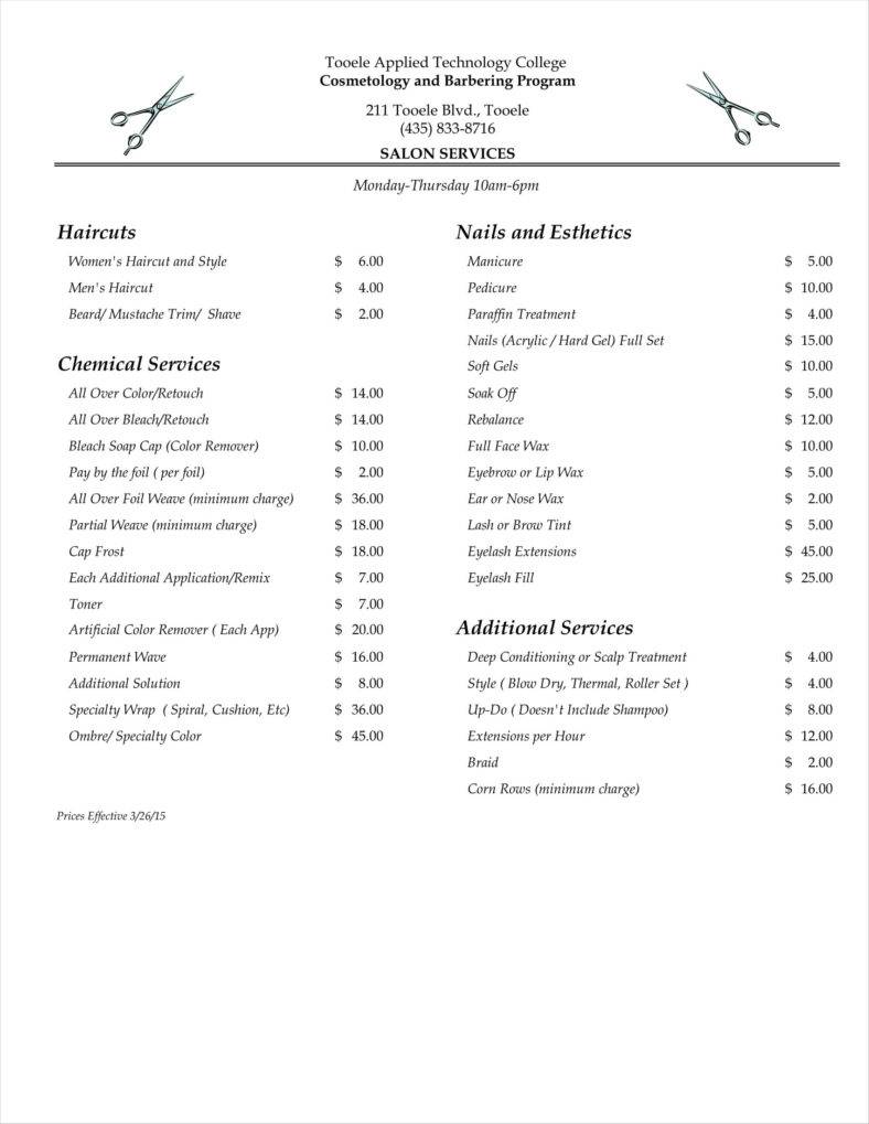 Hair Salon Price List Template Word Free Printable Templates
