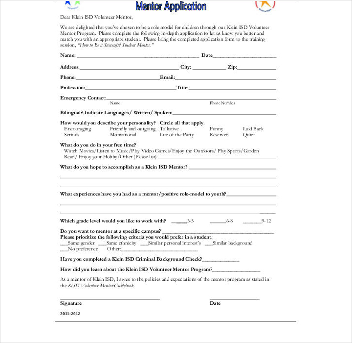 12+ Mentor Application Form Templates - Free Word, PDF Format Download
