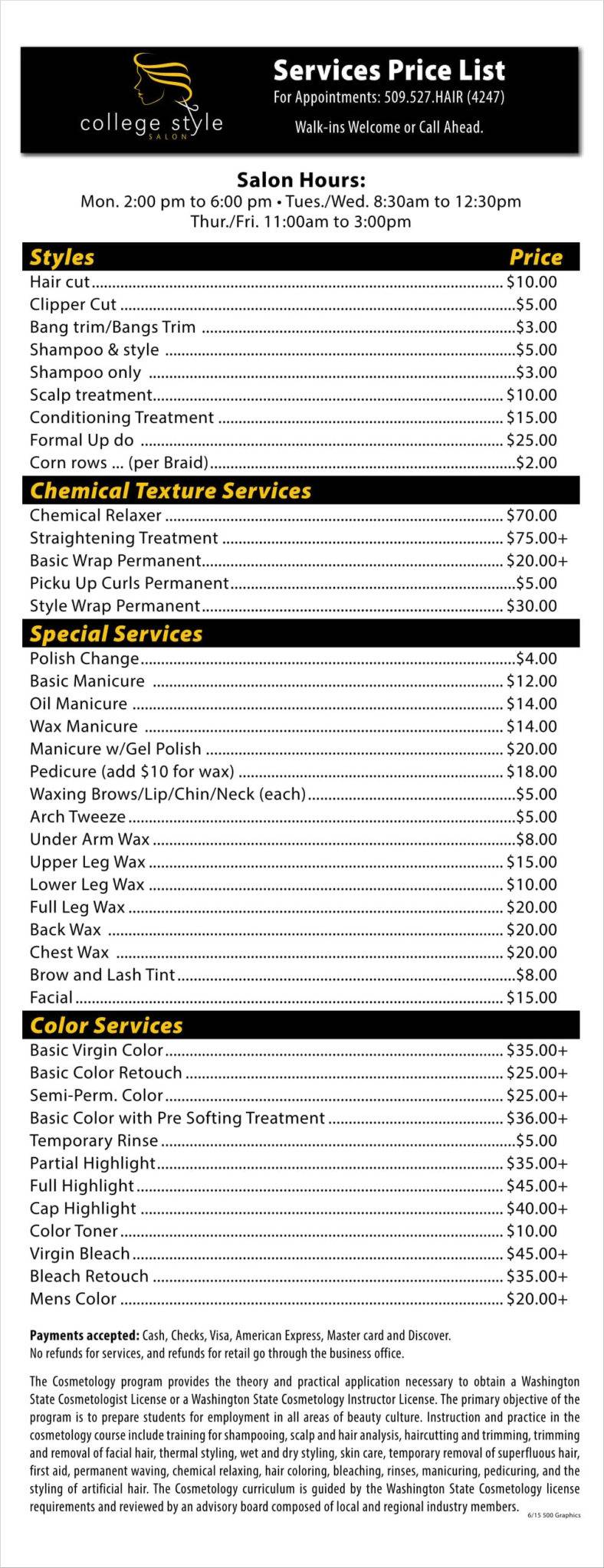 Salon Price List Template Free