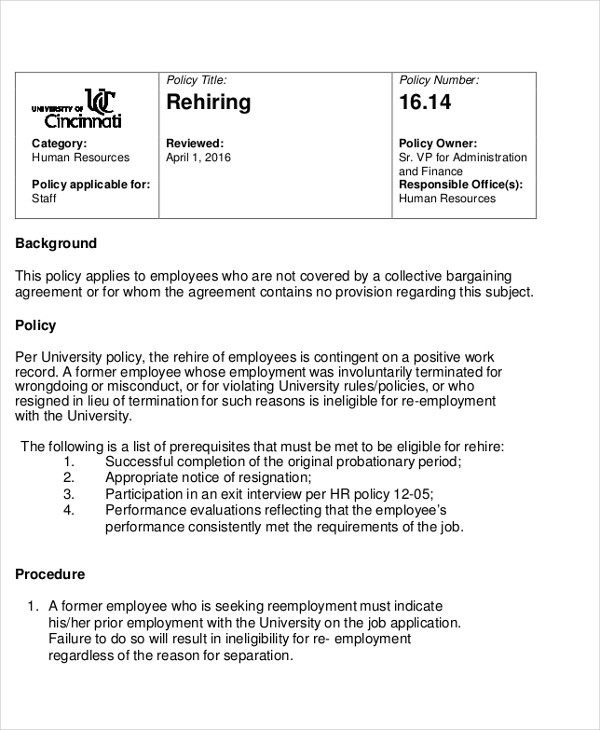 6 Re hire Policy Templates PDF Word