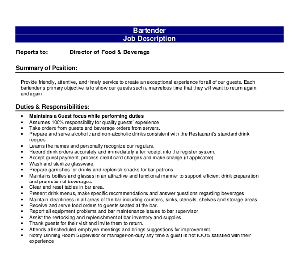 11 Bartender Job Description Templates PDF DOCS 11 Bartender Job Description Templates PDF DOCS