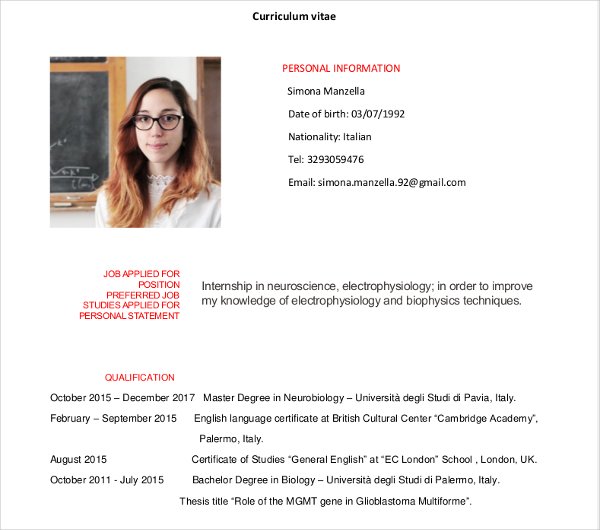 10+ Sample Internship Curriculum Vitae Templates - PDF, DOC