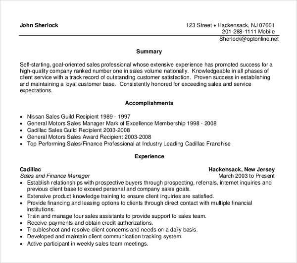 10+ Sales Manager Resume Templates - PDF, DOC