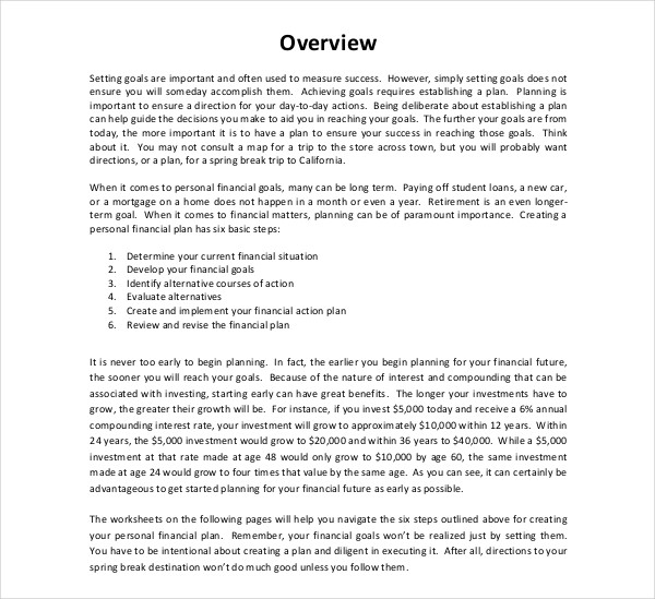 7 Personal Financial Plan Templates PDF XLS