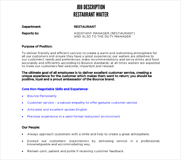 10+ Waiter Job Description Templates - PDF, DOC