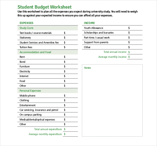 5 Student Budget Worksheet Templates PDF Word
