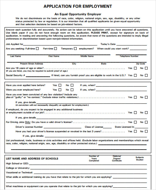 14+ Employment Application Forms - PDF