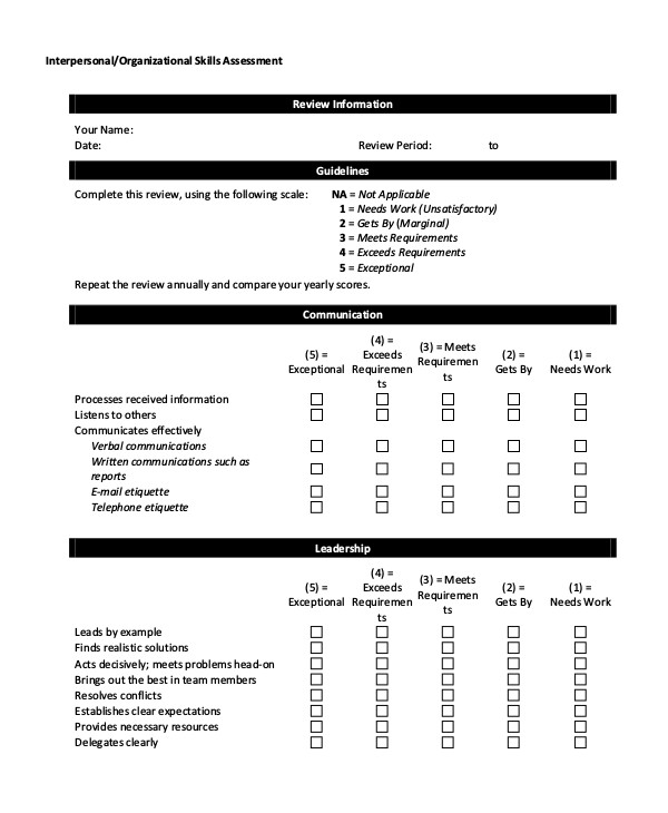 2 Interpersonal Organizational Skills Assessment Form Templates