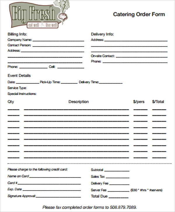 Printable Catering Order Form Printable Forms Free Online