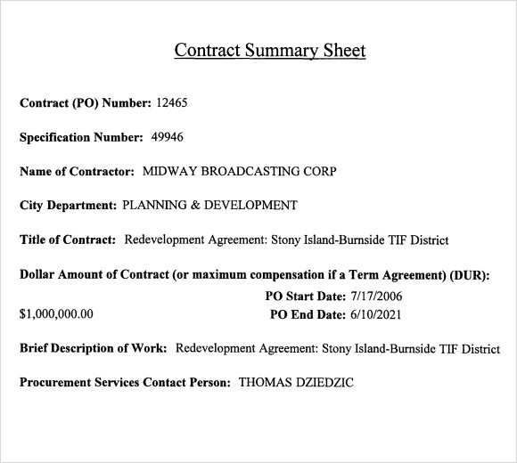 4+ Contract Summary Templates - PDF, DOC